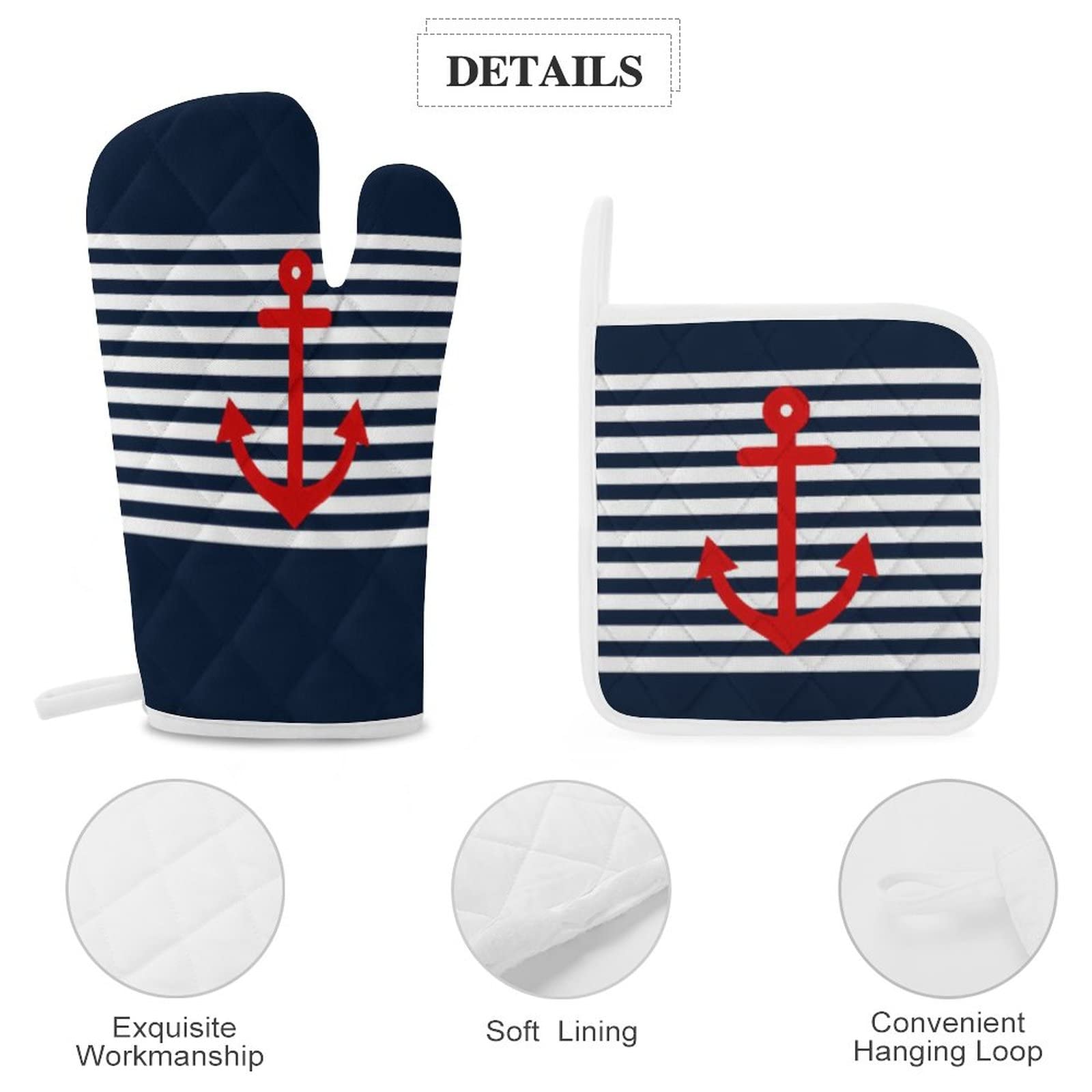 4PCS Oven Mitts Glove Kitchen Heat Resistant Pot Holders Set Navy Blue Nautical Kitchen Microwave Oven Gloves Mitts Anti-Scald Baking Cooking Gloves