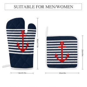 4PCS Oven Mitts Glove Kitchen Heat Resistant Pot Holders Set Navy Blue Nautical Kitchen Microwave Oven Gloves Mitts Anti-Scald Baking Cooking Gloves