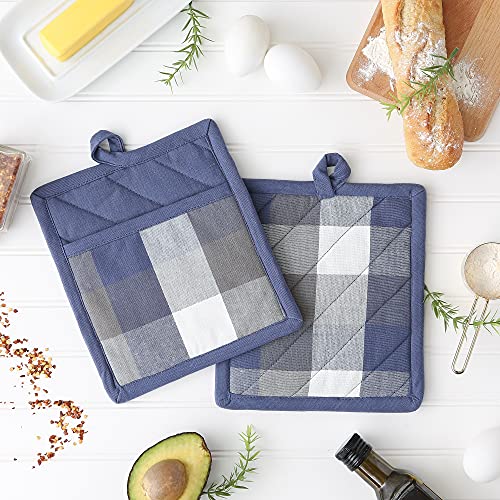 DII Tri-Color Check Collection Kitchen, Potholder Set, French Blue, 2 Piece