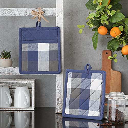 DII Tri-Color Check Collection Kitchen, Potholder Set, French Blue, 2 Piece