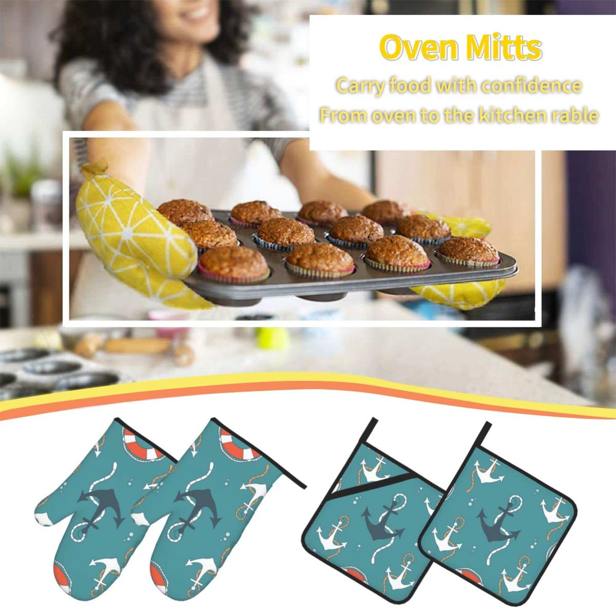 LAKIMCT Offshore Anchor Oven Mitts and Pot Holders Sets Non-Slip Potholders Heat Resistant Oven Gloves for Kitchen Baking Cooking BBQ, 4-Piece Set