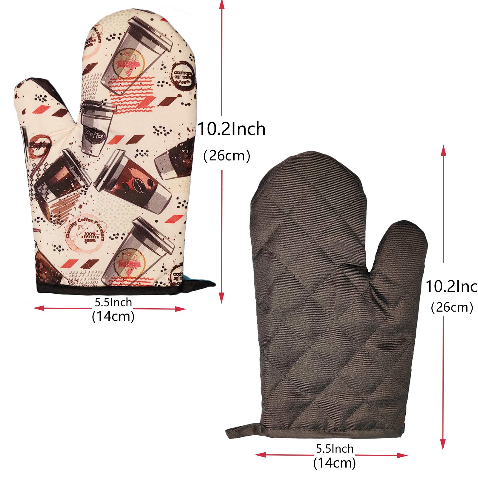 FSTIKO Funny Coffee Cup Oven Mitts and Pot Holders Sets 4 Pieces, Hot Pads Cotton Quilted Kitchen Mittens BBQ Gloves with Potholders Kitchen Microwave Gloves for Baking Cooking Grilling