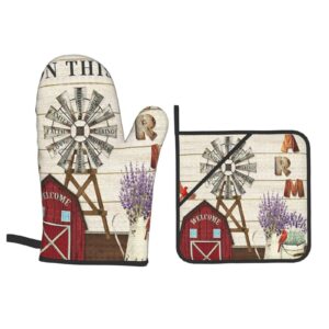 Oven Mitts and Pot Holders Sets of 4,Farmhouse Windmill and Barn House Lavender Cardinal Bird Country Style,Oven Mitts Heat Resistant Oven Gloves Set Potholders for Kitchen Baking Grilling