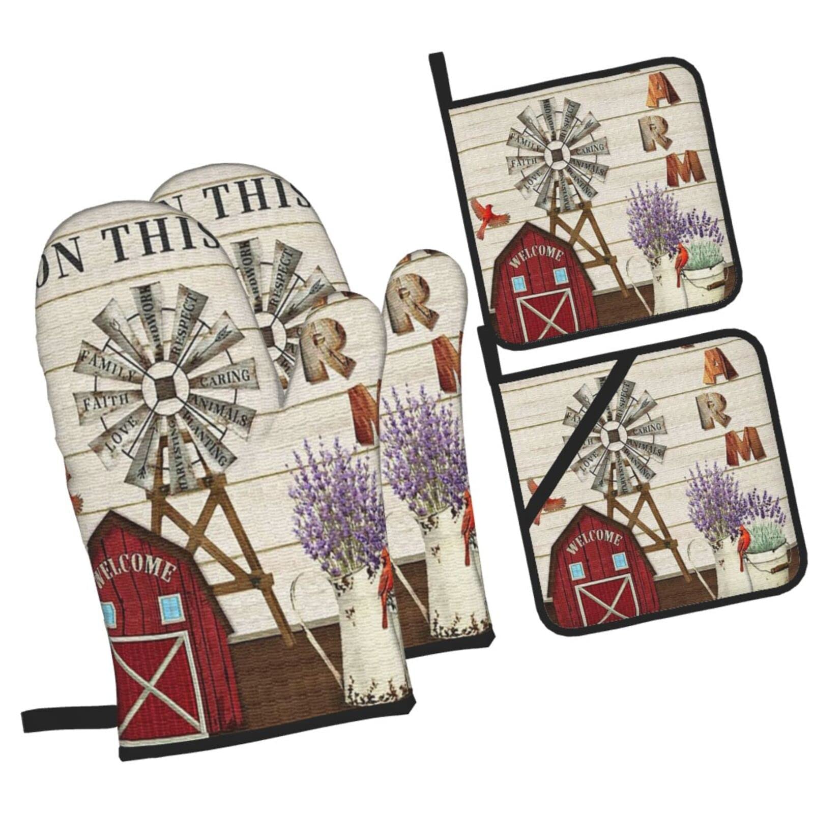 Oven Mitts and Pot Holders Sets of 4,Farmhouse Windmill and Barn House Lavender Cardinal Bird Country Style,Oven Mitts Heat Resistant Oven Gloves Set Potholders for Kitchen Baking Grilling