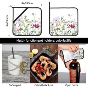 Floral Wildflower Flower Field Pot Holders Set Heat Resistant Non Slip Oven Hot Pads with Hand Pockets and Hanging Loops for Kitchen Baking Cooking,Set of 2