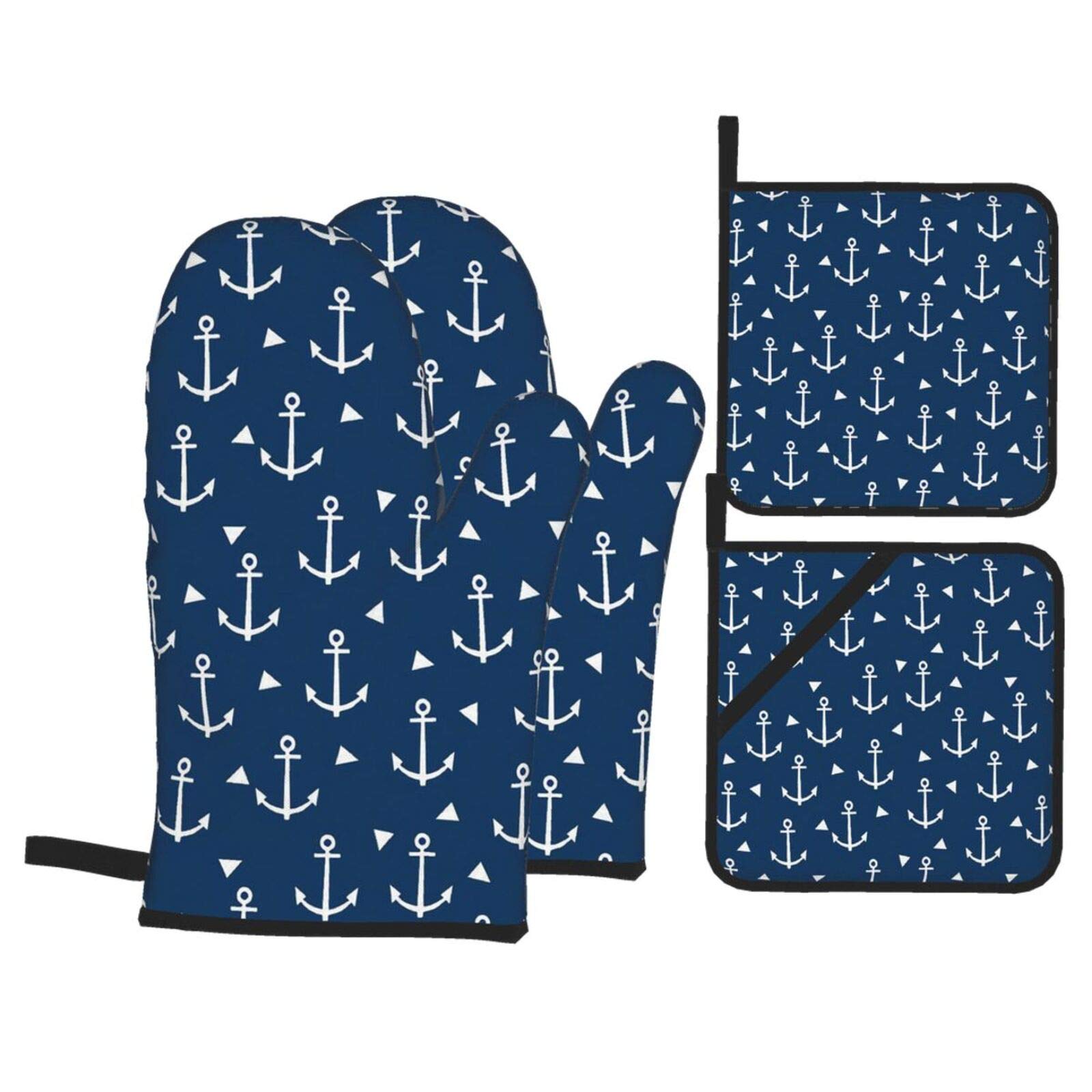 Nautical Anchors Oven Mitts and 2 Pot Holders Set, Soft Cotton Lining with Non-Slip Surface, Kitchen Microwave Gloves for Baking Cooking Grilling BBQ