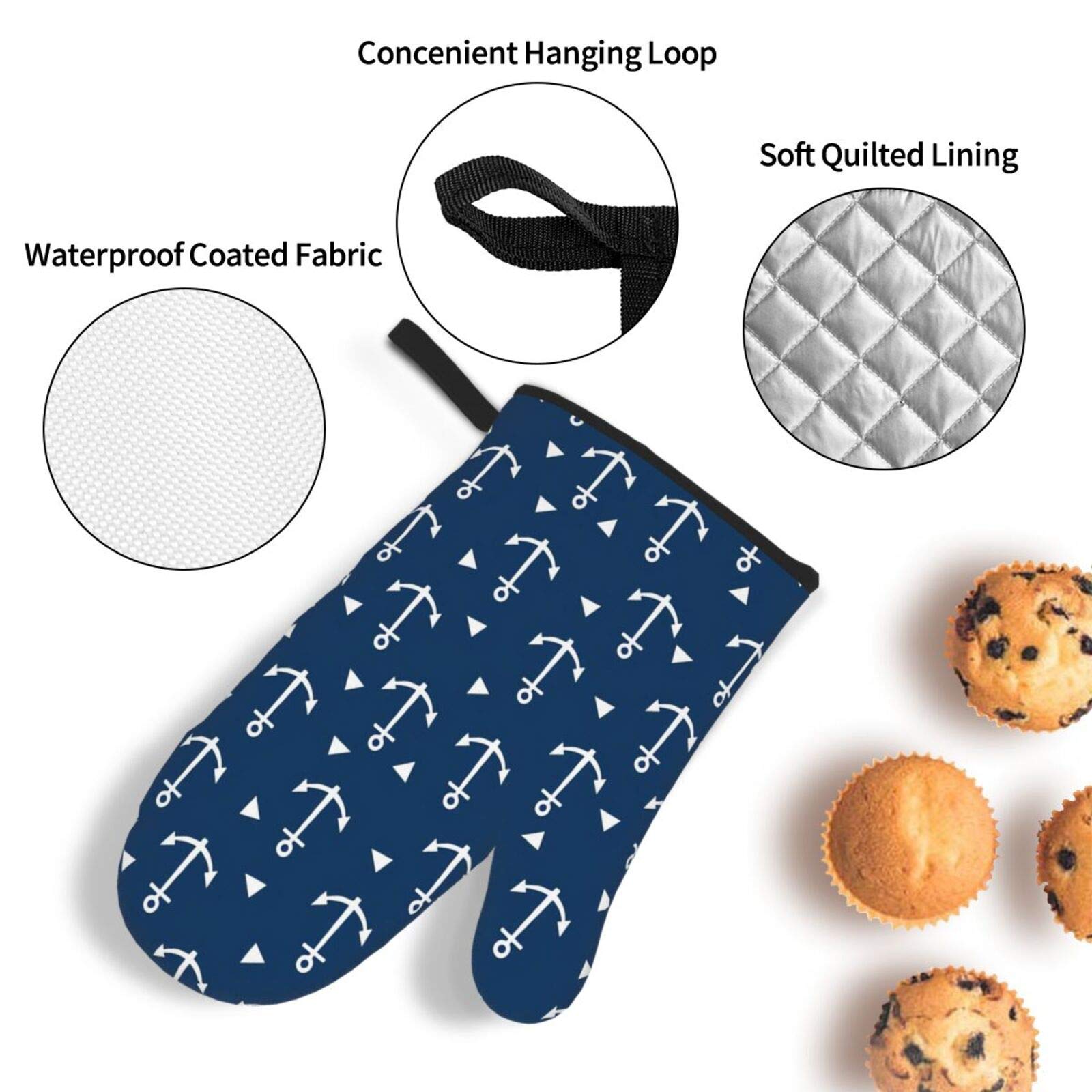 Nautical Anchors Oven Mitts and 2 Pot Holders Set, Soft Cotton Lining with Non-Slip Surface, Kitchen Microwave Gloves for Baking Cooking Grilling BBQ