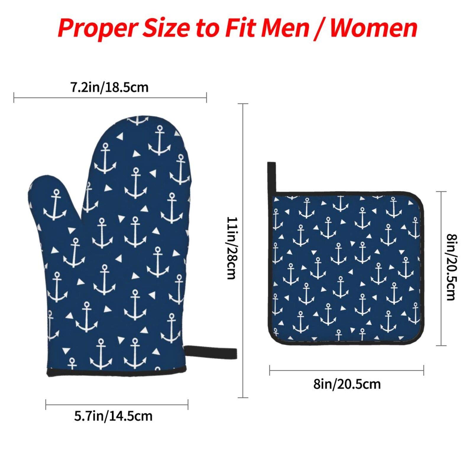 Nautical Anchors Oven Mitts and 2 Pot Holders Set, Soft Cotton Lining with Non-Slip Surface, Kitchen Microwave Gloves for Baking Cooking Grilling BBQ