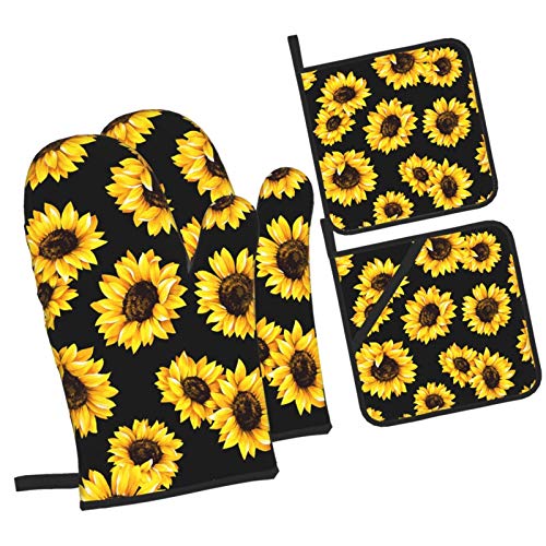 Sunflower Pattern Oven Mitts Set of 4, Kitchen Oven Mitts and Pot Holders Farmhouse, Non-Slip Heat Resistant Oven Mitts for Kitchen, Cooking, BBQ, Baking, Grillin