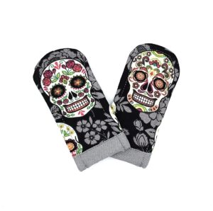 sugar skull themed pot handle holder set of 2 pair cast iron skillet pan mitt día de muertos kitchen linens day of the dead quilted hot pads insulated trivets handmade