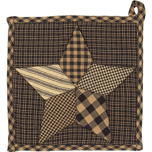 VHC Brands Farmhouse Star Cotton Primitive Tabletop Kitchen Fabric Loop Patchwork Square Pot Holder, 8" x 8", Charcoal Black