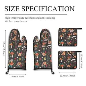 Mushrooms and Flowers Decor Oven Mitts, Pot Holders Sets for Kitchen Gifts, Kitchen Accessories Tool, Heat Resistant Oven Mitts for Cooking, Baking and Grilling (2 Insulated Gloves and 2 Pot Lid Pads)