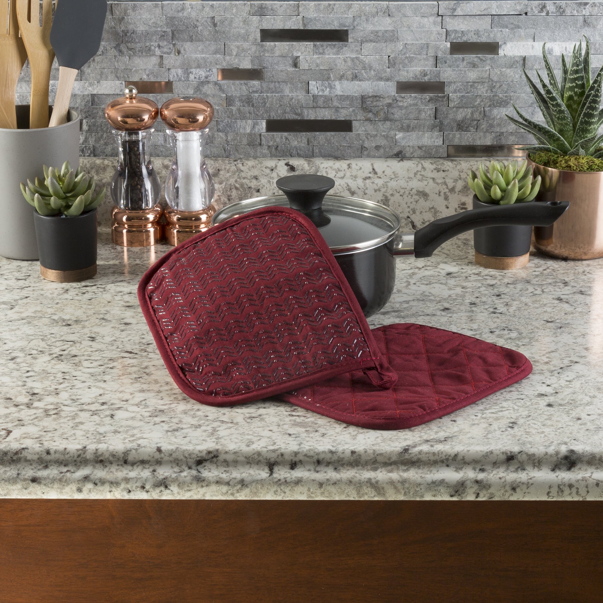 Pot Holder Set With Silicone Grip, Quilted And Heat Resistant (Set of 2) By Lavish Home (Burgundy)