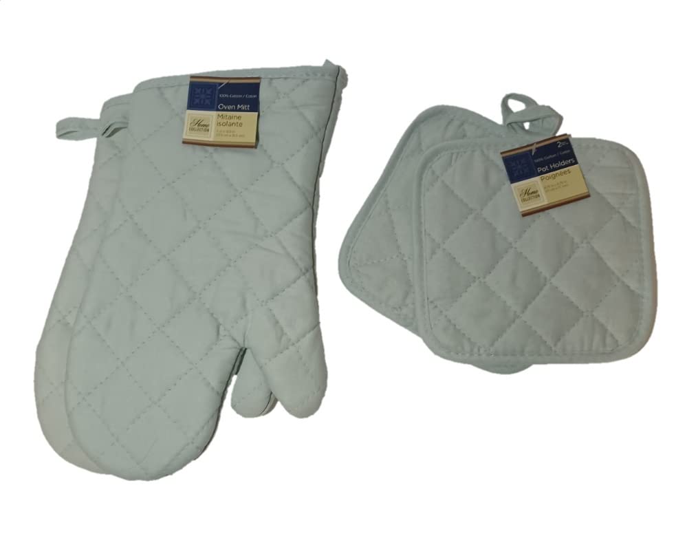 Home Collection Quilted Oven Mitts and Potholder Set Sage Green 4 Piece, Oven Mitts: 7 in x 13 in, Potholders: 7 in x 7 in