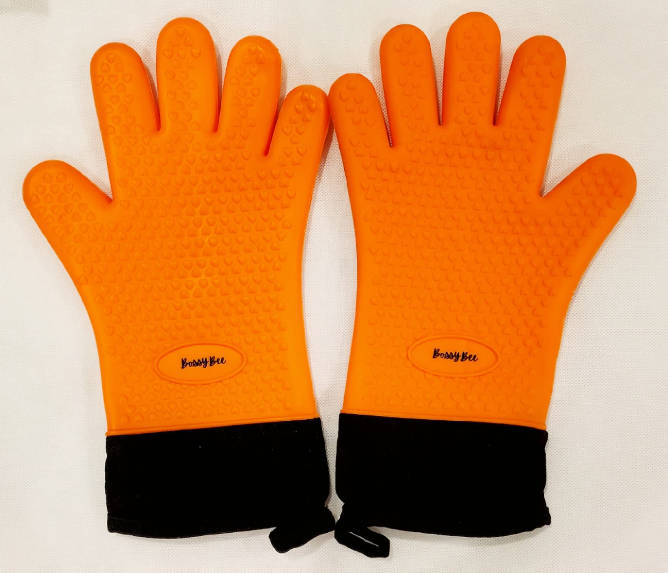 High Heat Resistant Silicone Oven Mitts Potholders Grilling Gloves, Non-Slip Five Finger Grip, Extended Wrist Protection, BBQ Camping Smoker Fryer Kitchen & Cooking (Orange)