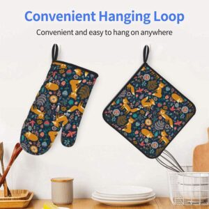 Cute Fox Oven Mitts and Pot Holders Sets,Heat Resistant Non Slip Kitchen Gloves Hot Pads with Inner Cotton Layer for Cooking BBQ Baking Grilling