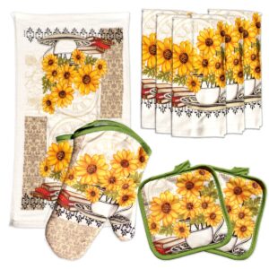 lobyn value pack kitchen towel oven mitts and pot holders sets, pot holders and oven mitts sets, kitchen mittens and pot holder set, potholder set, mittens kitchen sunflower design