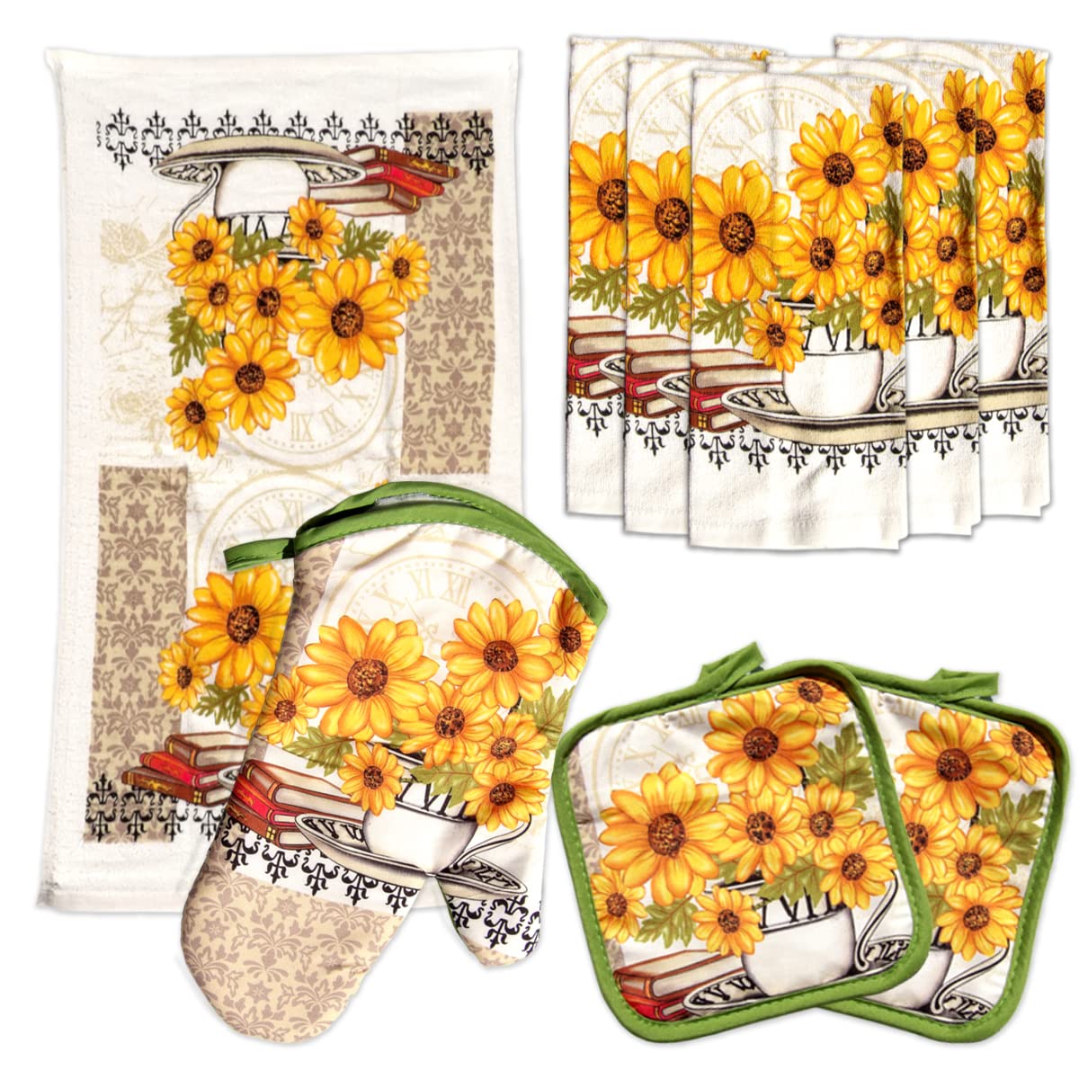 Lobyn Value Pack Kitchen Towel Oven Mitts and Pot Holders Sets, Pot Holders and Oven Mitts Sets, Kitchen Mittens and Pot Holder Set, Potholder Set, Mittens Kitchen Sunflower Design