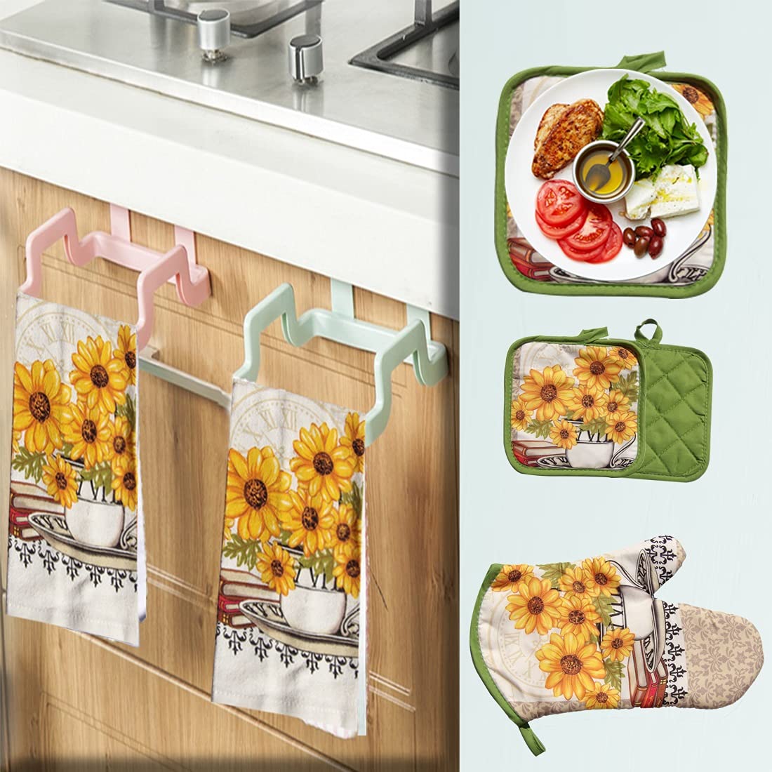 Lobyn Value Pack Kitchen Towel Oven Mitts and Pot Holders Sets, Pot Holders and Oven Mitts Sets, Kitchen Mittens and Pot Holder Set, Potholder Set, Mittens Kitchen Sunflower Design