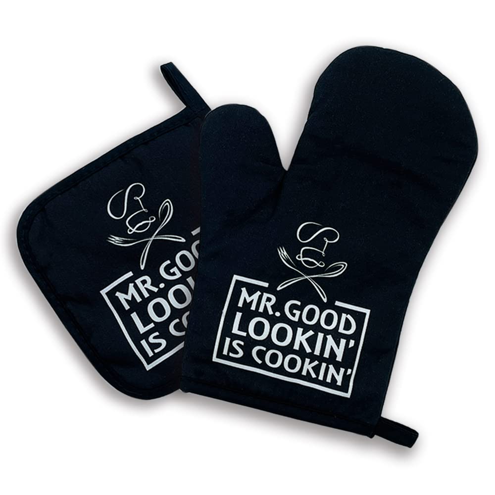 Mr.Good Lookin' is Cookin'，Oven Mitts and Pot Holders Sets of 2，Funny Oven Mitt，Birthday Gifts for Men,Great Birthday Gifts for Dad Boyfriend