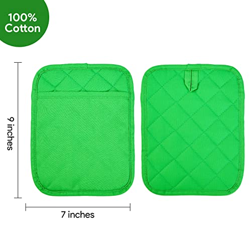 Jehdhe 4 Pack Pot Holders with Pocket Cotton Heat Resistant Potholder Bulk Pot Holders for Kitchen Hot Pad Large Pot Holder Set, 7 x 9 Inches, Green