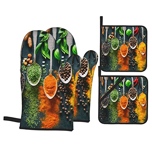 YILEQUAN Condiments Spices Print Oven Mitts and Pot Holders Sets,Kitchen Oven Glove High Heat Resistant 500 Degree Oven Mitts and Potholder,Surface Safe for Baking, Cooking, BBQ,Pack of 4