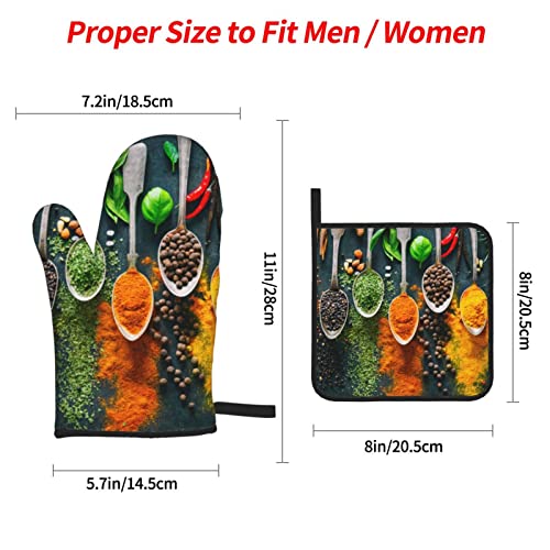 YILEQUAN Condiments Spices Print Oven Mitts and Pot Holders Sets,Kitchen Oven Glove High Heat Resistant 500 Degree Oven Mitts and Potholder,Surface Safe for Baking, Cooking, BBQ,Pack of 4