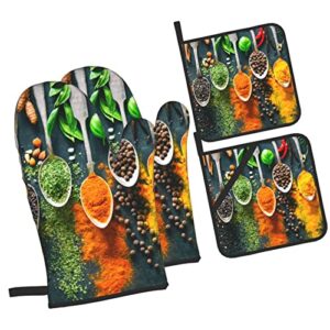 YILEQUAN Condiments Spices Print Oven Mitts and Pot Holders Sets,Kitchen Oven Glove High Heat Resistant 500 Degree Oven Mitts and Potholder,Surface Safe for Baking, Cooking, BBQ,Pack of 4