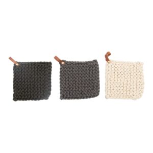 creative co-op square crochet cotton leather loop, set of 3 colors pot holder, multicolored