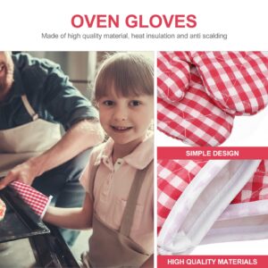 cabilock Oven Mitts Glove Heat Insulation Mitts Red Grid Kitchen Microwave Oven Gloves Mitts Anti-Scald Baking Gloves for Children Adult Cooking Gloves, 1 Pair, 7x4.7 inch (Red)