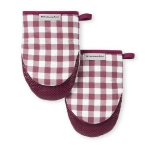 kitchenaid gingham cotton rectangle mini oven mitt 2-pack set, beet, 5.5"x8"