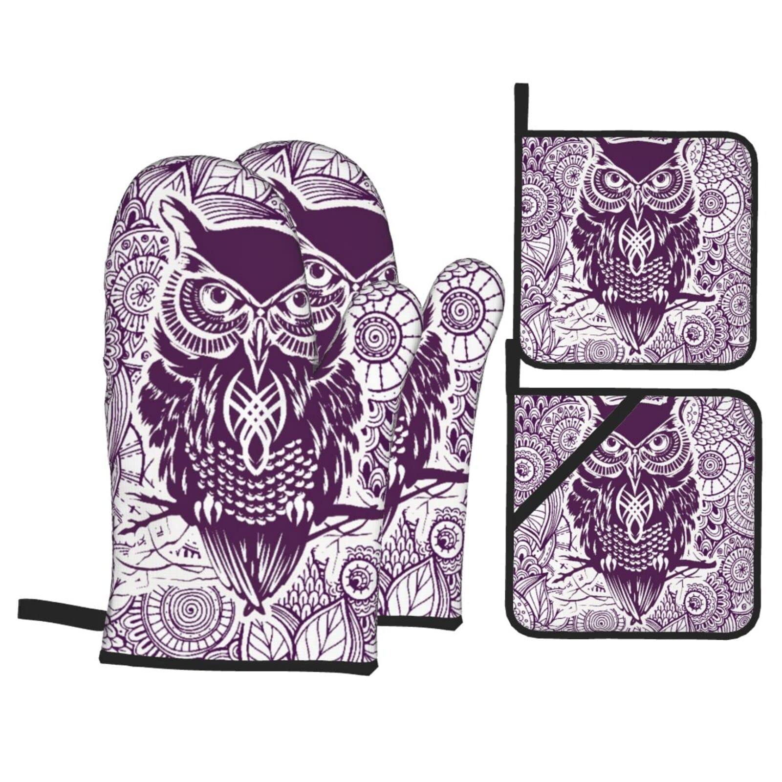 4Pcs Oven Mitts and Pot Holders Set Cute Night Owl Purple Print Heat Resistant Kitchen Gloves for Cooking,Baking,Grilling,BBQ