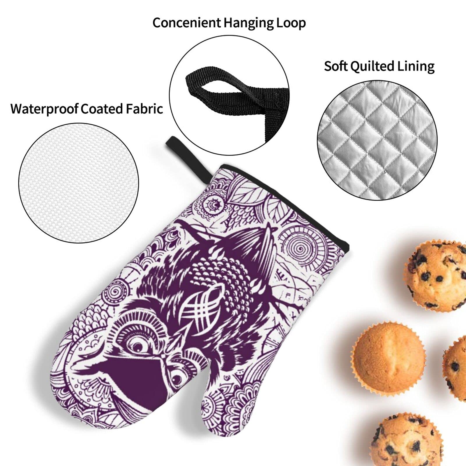 4Pcs Oven Mitts and Pot Holders Set Cute Night Owl Purple Print Heat Resistant Kitchen Gloves for Cooking,Baking,Grilling,BBQ