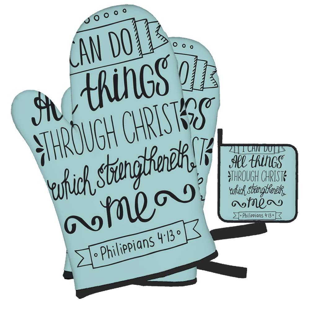 Moslion Bible Verse Heat Resistant Hot Oven Mitts Pot Holders with I Can Do All Things Through Christ Christian Lettering Quote for Kitchen Set Oven Gloves for BBQ Cooking Baking Grilling