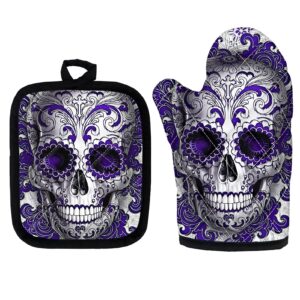 yiekeluo purple sugar skull floral print oven mitts kitchen gloves pot holder for bbq cooking baking set of 2 home kitchen decoration, women men gifts