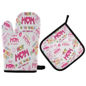 mother's day quote oven mitts and pot holders sets i love you mom hot pads heat resistant cooking gloves handling kitchen cookware bakeware bbq