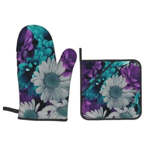 YILEQUAN Purple and Teal Flowers Print Oven Mitts Pot Holders Sets,Kitchen Glove High Heat Resistant 500 Degree Potholder,Surface Safe for Baking, Cooking, BBQ,Pack of 4 One Size