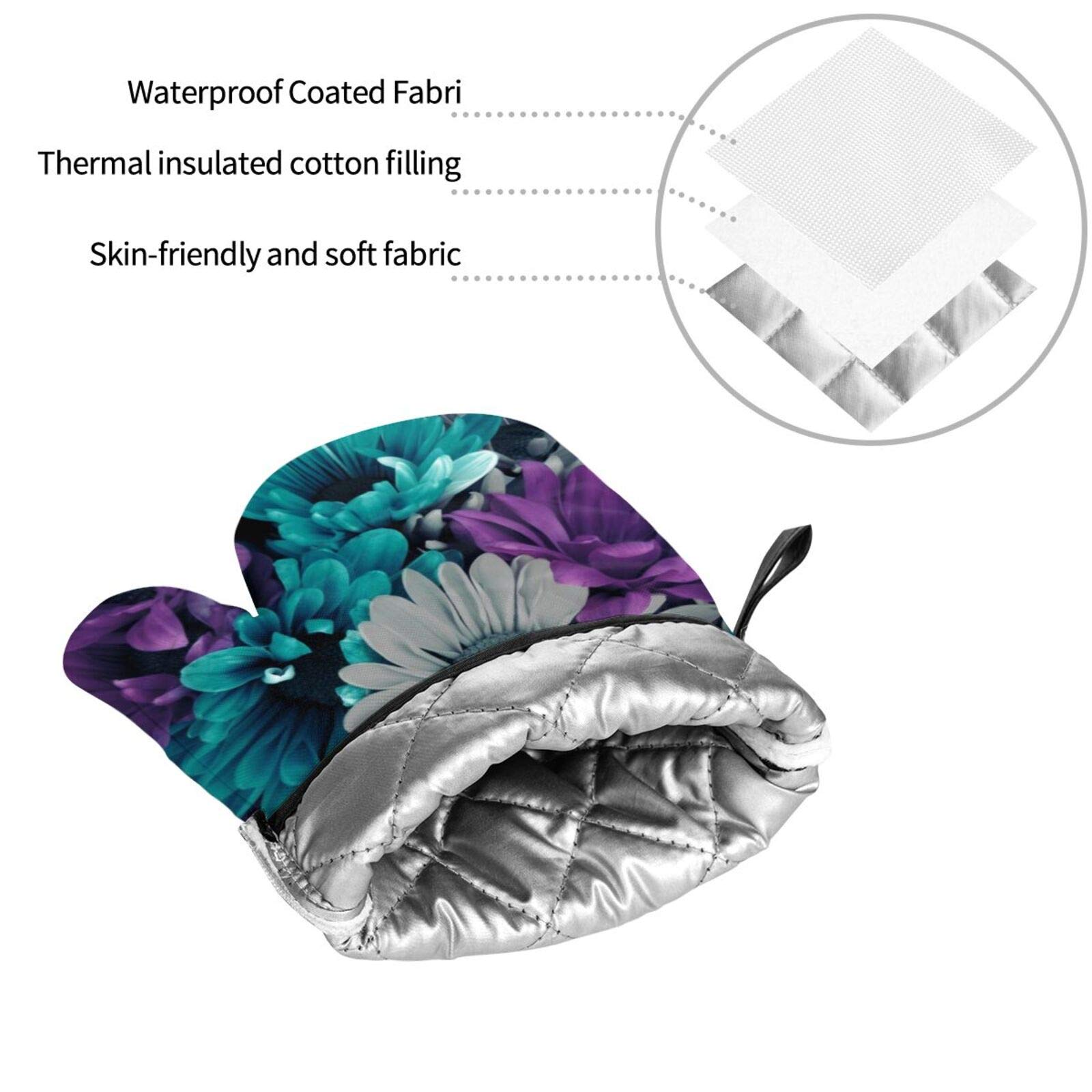 YILEQUAN Purple and Teal Flowers Print Oven Mitts Pot Holders Sets,Kitchen Glove High Heat Resistant 500 Degree Potholder,Surface Safe for Baking, Cooking, BBQ,Pack of 4 One Size