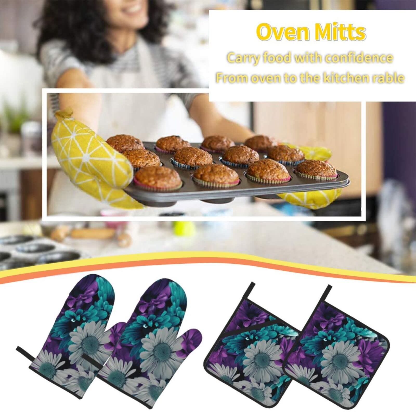 YILEQUAN Purple and Teal Flowers Print Oven Mitts Pot Holders Sets,Kitchen Glove High Heat Resistant 500 Degree Potholder,Surface Safe for Baking, Cooking, BBQ,Pack of 4 One Size