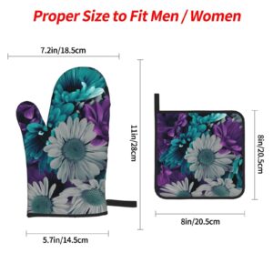 YILEQUAN Purple and Teal Flowers Print Oven Mitts Pot Holders Sets,Kitchen Glove High Heat Resistant 500 Degree Potholder,Surface Safe for Baking, Cooking, BBQ,Pack of 4 One Size