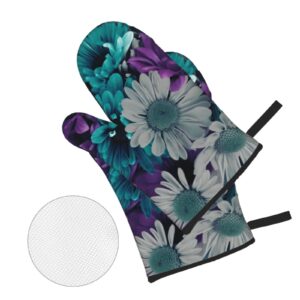 YILEQUAN Purple and Teal Flowers Print Oven Mitts Pot Holders Sets,Kitchen Glove High Heat Resistant 500 Degree Potholder,Surface Safe for Baking, Cooking, BBQ,Pack of 4 One Size