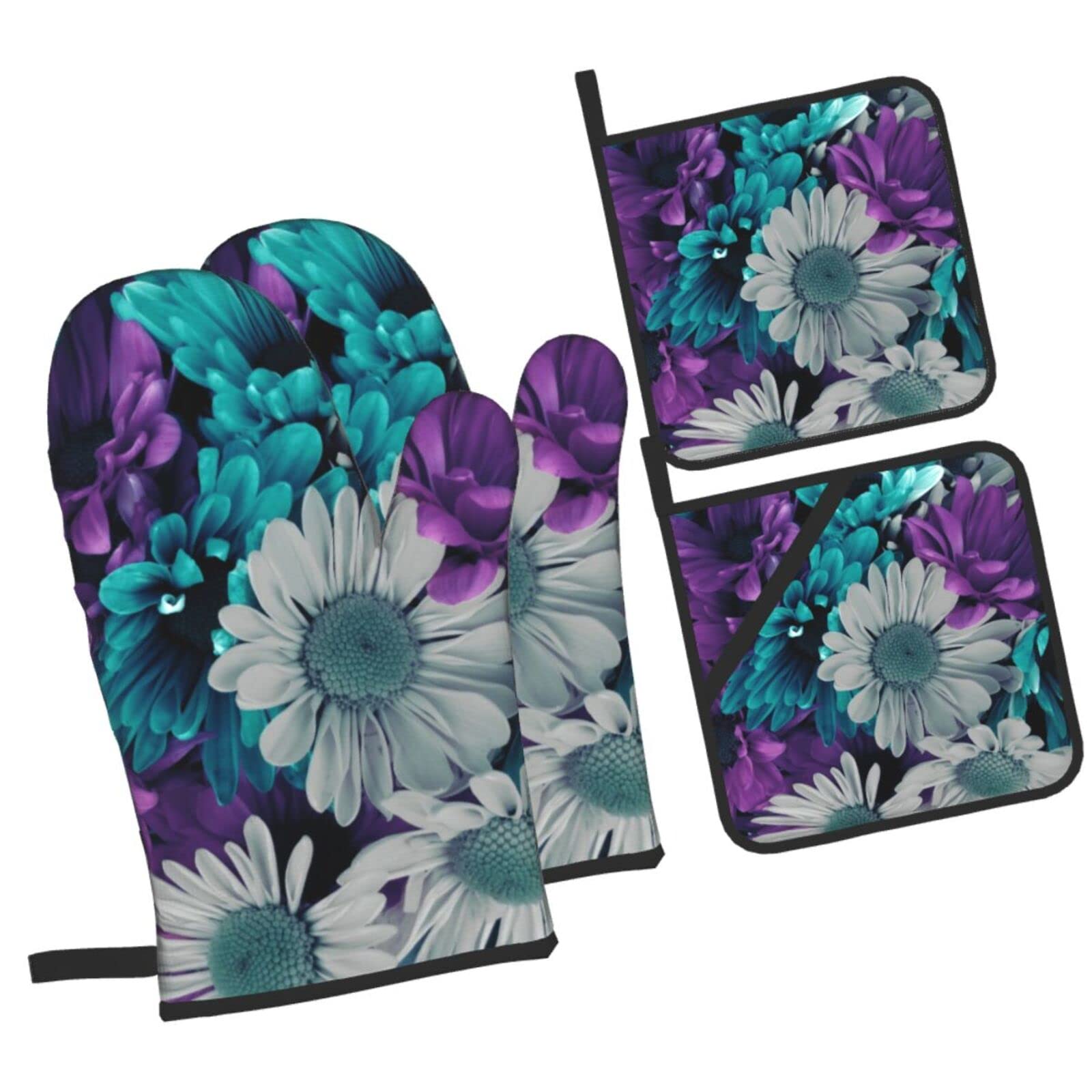 YILEQUAN Purple and Teal Flowers Print Oven Mitts Pot Holders Sets,Kitchen Glove High Heat Resistant 500 Degree Potholder,Surface Safe for Baking, Cooking, BBQ,Pack of 4 One Size