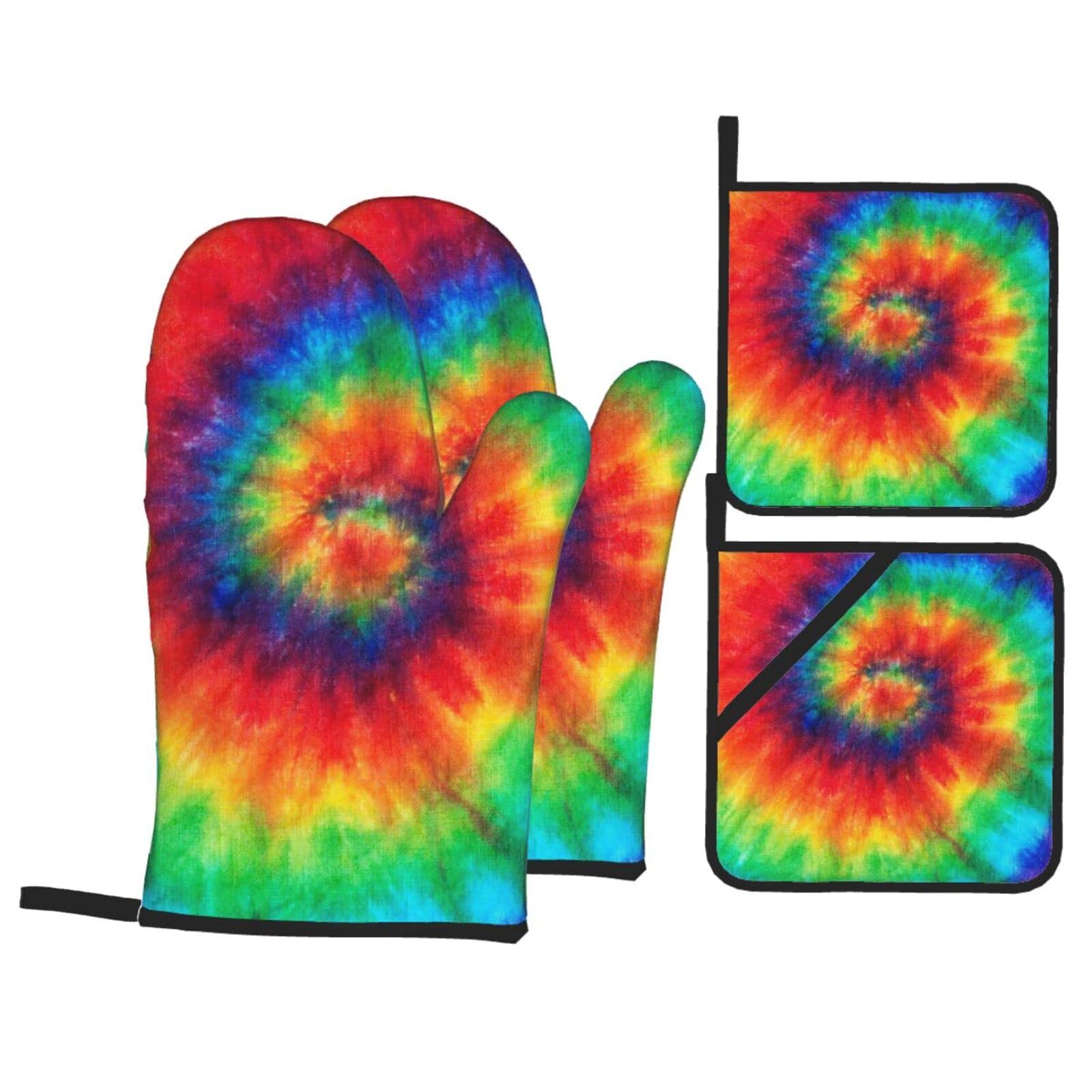 Oven Mitts and Pot Holders,4 Piece Tie Dye Rainbow Printed Heat Resistant Comfortable Oven Gloves for Cooking