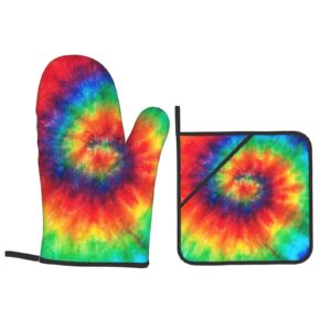 Oven Mitts and Pot Holders,4 Piece Tie Dye Rainbow Printed Heat Resistant Comfortable Oven Gloves for Cooking