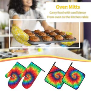 Oven Mitts and Pot Holders,4 Piece Tie Dye Rainbow Printed Heat Resistant Comfortable Oven Gloves for Cooking