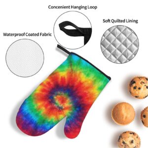 Oven Mitts and Pot Holders,4 Piece Tie Dye Rainbow Printed Heat Resistant Comfortable Oven Gloves for Cooking