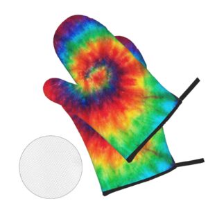 Oven Mitts and Pot Holders,4 Piece Tie Dye Rainbow Printed Heat Resistant Comfortable Oven Gloves for Cooking