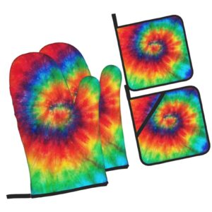 Oven Mitts and Pot Holders,4 Piece Tie Dye Rainbow Printed Heat Resistant Comfortable Oven Gloves for Cooking