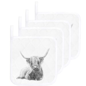 4 Pack Pot Holders for Kitchen,Highland Cow Portrait Heat Proof Potholder Hot Pads Trivet,Scotland Scottish Animal Washable Coaster Potholders for Cooking Baking Grilling