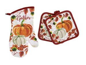 home collection harvest pumpkin kitchen linens set include oven mitt & 2 potholders - great for autumn, fall & thanksgiving